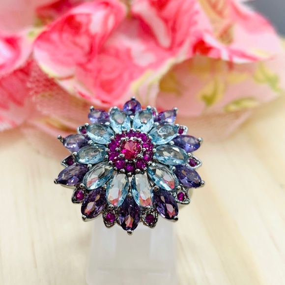 Jewelry | Multicolor Gemstone Flower Ring Silver | Poshmark